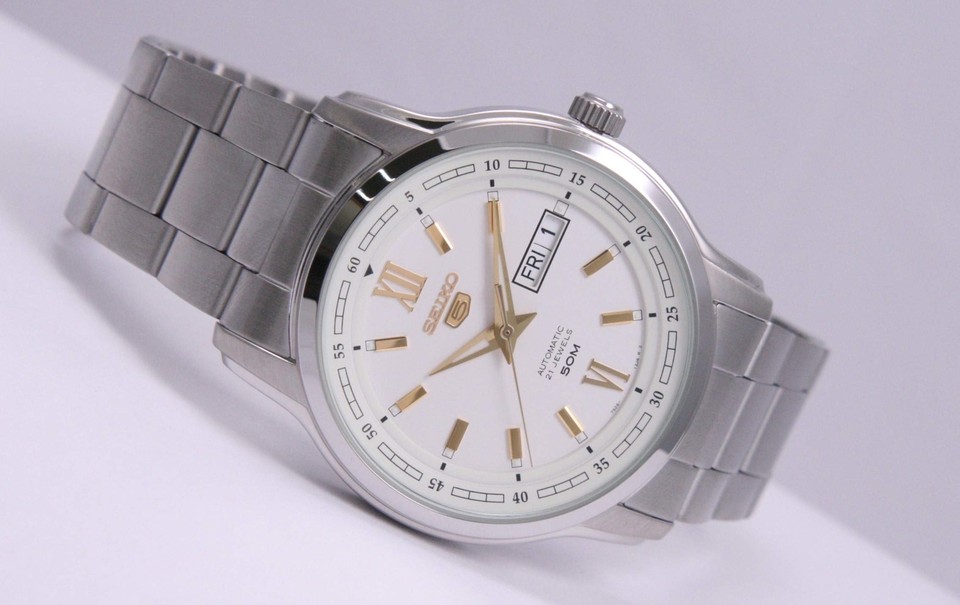 SEIKO 5 Automatic White Dial Men's Watch SNKP15K1 Gold Accent 50M Water ...
