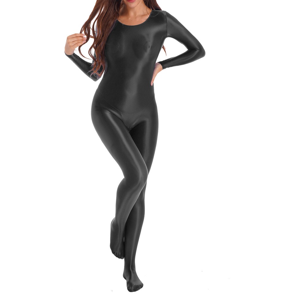 Women Glossy Oily Bodysuit Stretchy Unitard Long Sleeve Jumpsuits ...