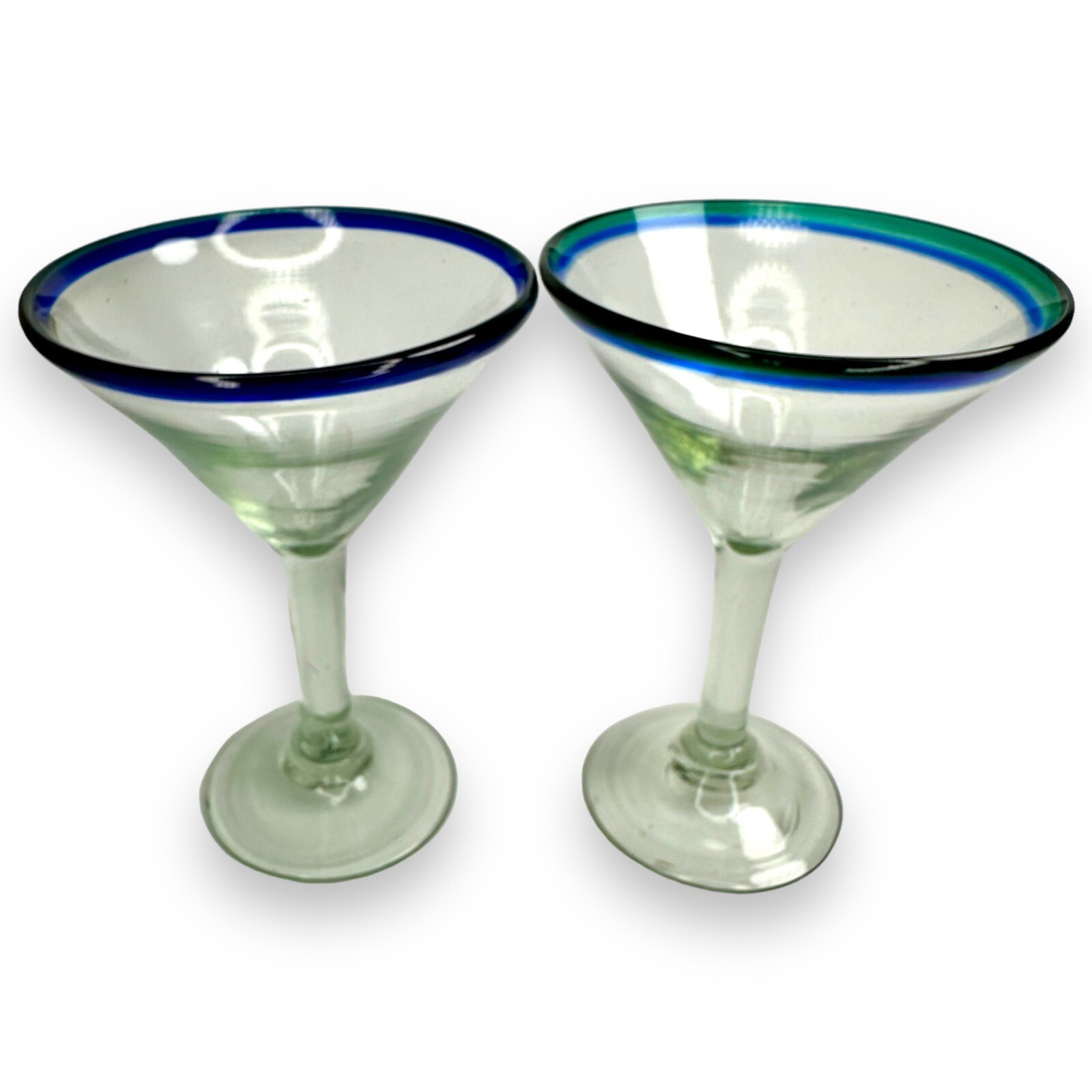 Mexican Hand Blown Margarita VTG Glasses Cobalt Blue & Green Rims Set 2 ...