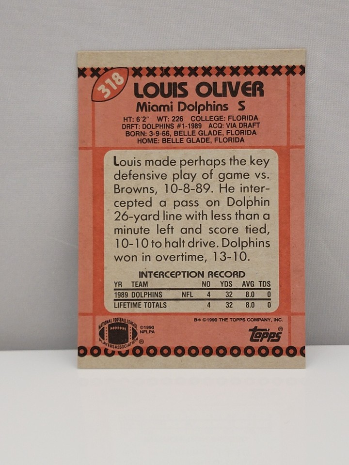 1990 Louis Oliver Topps Card Miami Dolphins #318 NFL Football Trading ...