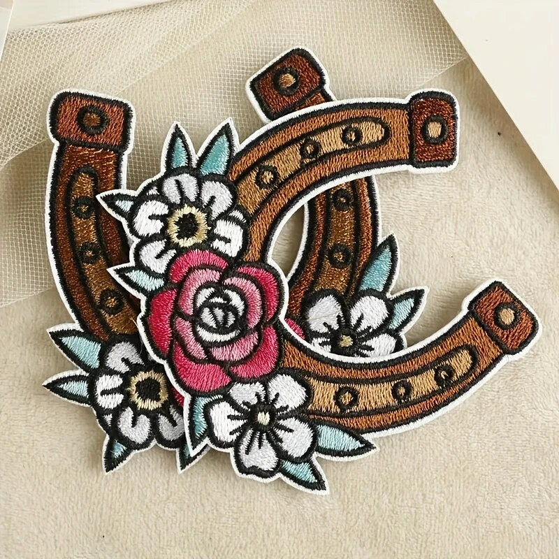 1 pcs Floral Horseshoe Patch Iron-On/Sew-On applique 3 x 3 1/4 inch | eBay