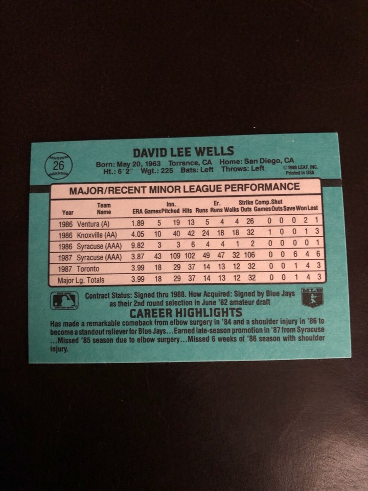 (51) 1988 DONRUSS THE ROOKIES DAVID WELLS LOT #26 BLUEJAYS YANKEES ...