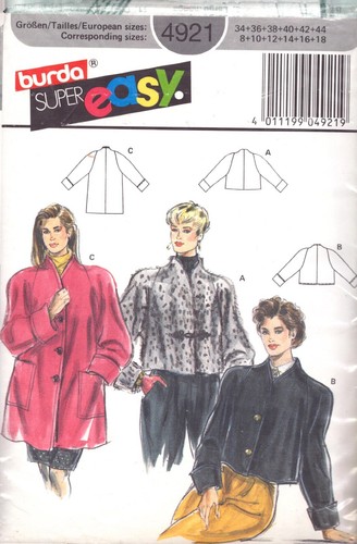 Burda 4921 ~ New Super Easy ~ Coat/Jackets ~ Pockets/ Button Front ...