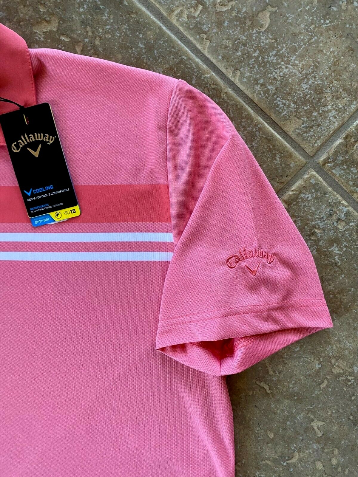 Callaway Opti-Dri Golf Shirt Mens M Sunkist Coral Stripe UPF 15 Stretch ...
