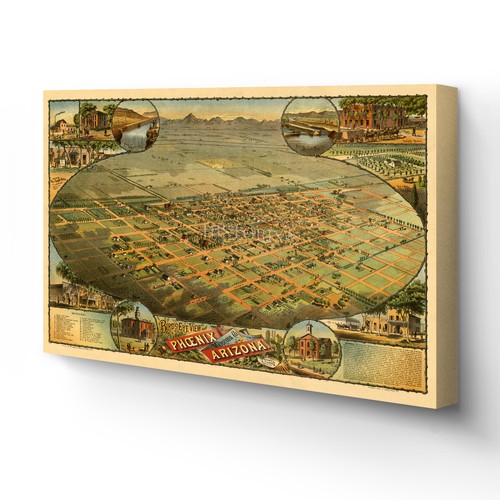 1885 Phoenix Arizona Map - Canvas Wrap Vintage Map of Phoenix Arizona ...