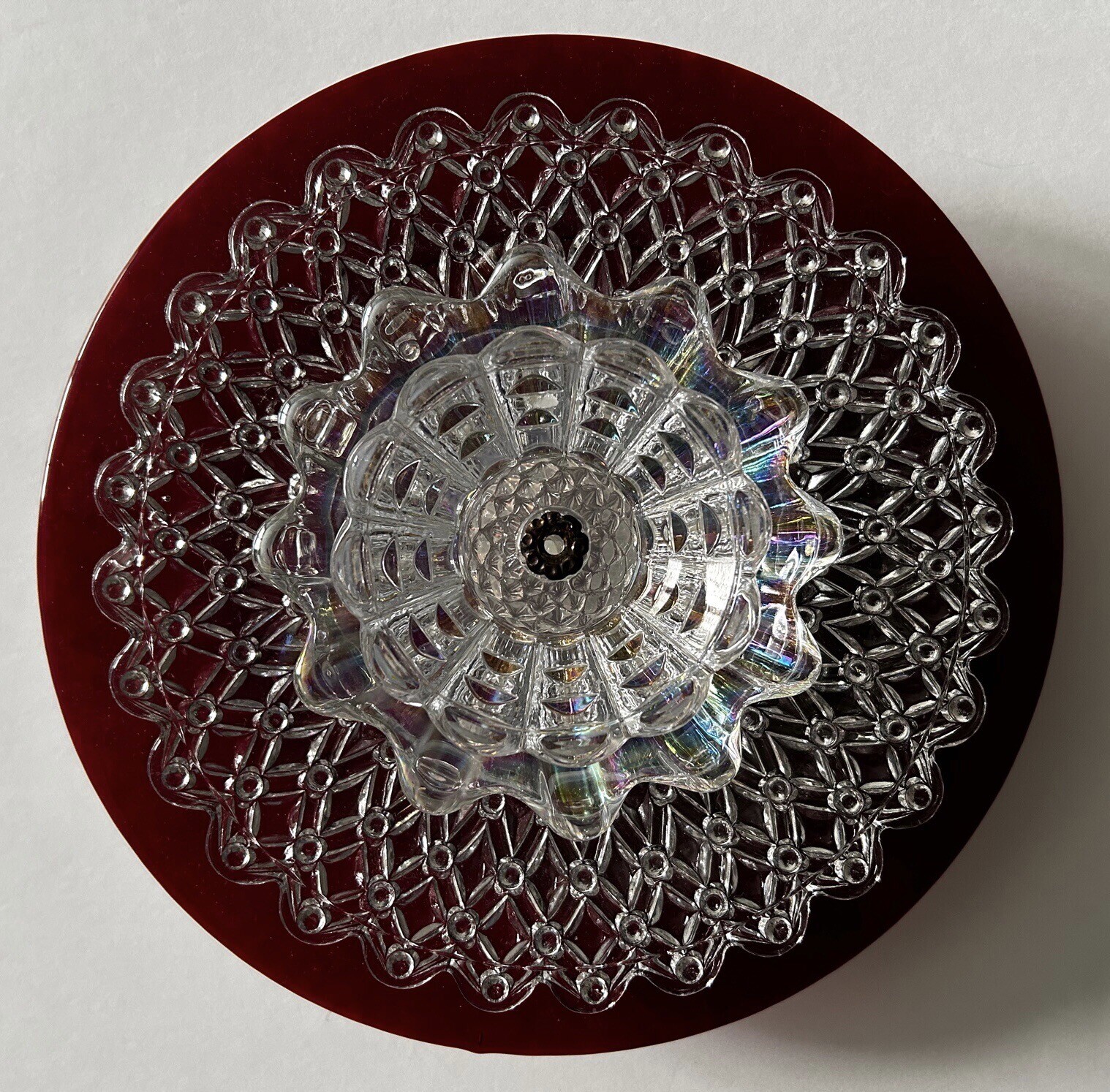 Red Textured/Clear Scalloped Glass Garden Flower Repurposed Suncatcher ...