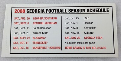 CFB Georgia Bulldogs 2008 Football Schedule Card | eBay