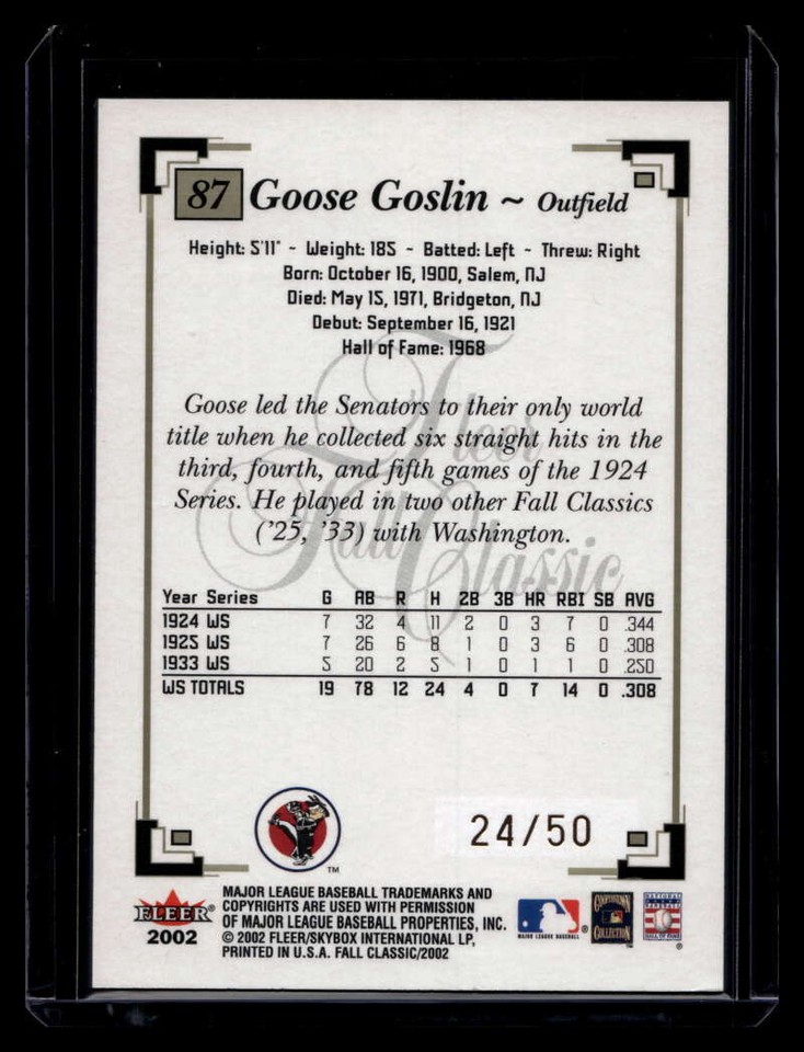 2002 Fleer Fall Classics Championship Gold 87a Goose Goslin Senators 24 ...