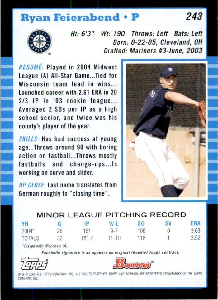 2005 BOWMAN RYAN FEIERABEND SEATTLE MARINERS #243 | eBay