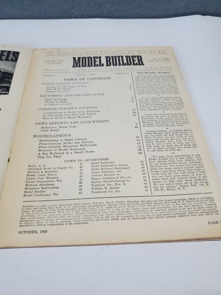 Model Builder (Trains), October 1940, Magazine Railroad PreWar Lionel ...