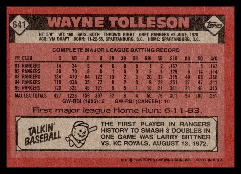 1986 Topps #641 Wayne Tolleson Texas Rangers Baseball Card | eBay