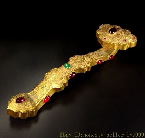 16'' bronze Gilt inlay gem bat Phoenix bird auspicious Feng Shui ruyi ...