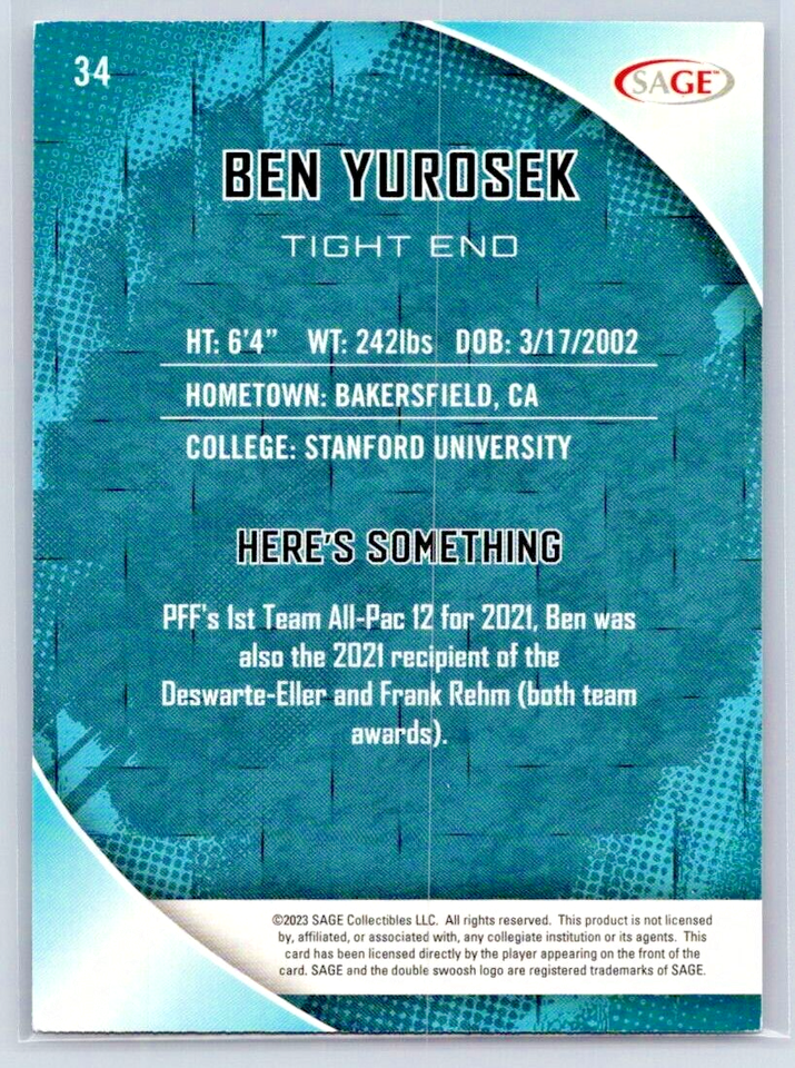 2023 SAGE Football - Ben Yurosek - RED - Stanford Cardinal - RC - #34 ...