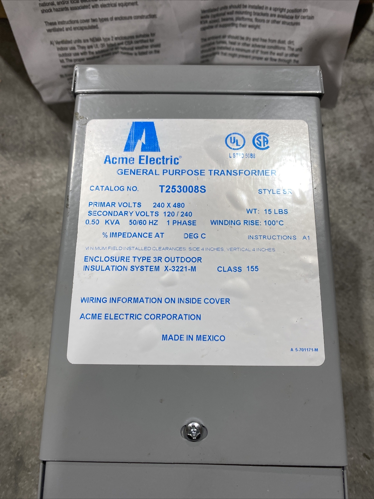 ACME ELECTRIC - T253008s Transformer 120/240V Class 155 New | eBay