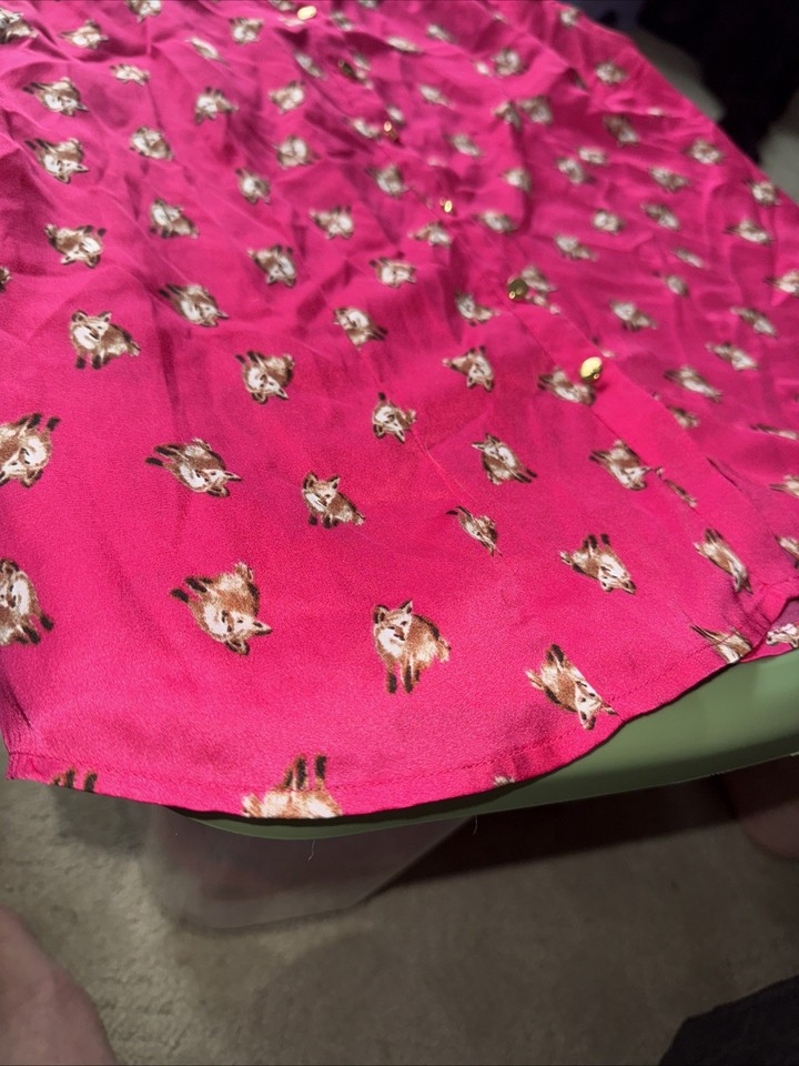 Cynthia Rowley Medium hot pink fox animal blouse gold buttons delicate silky | eBay
