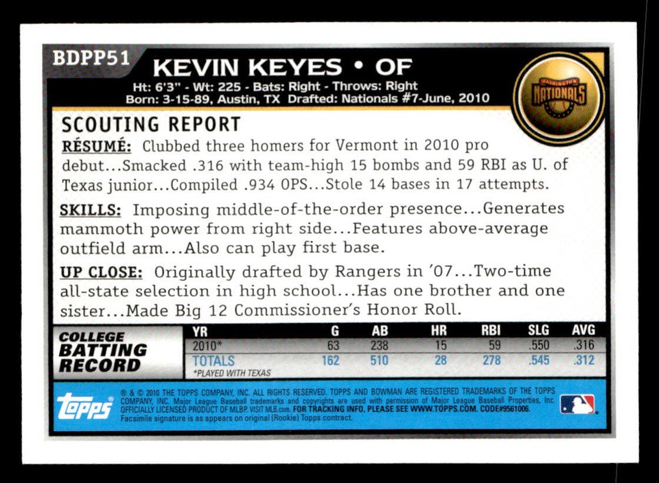 Kevin Keyes signed auto 2010 Bowman Draft #BDPP51 card Washington ...