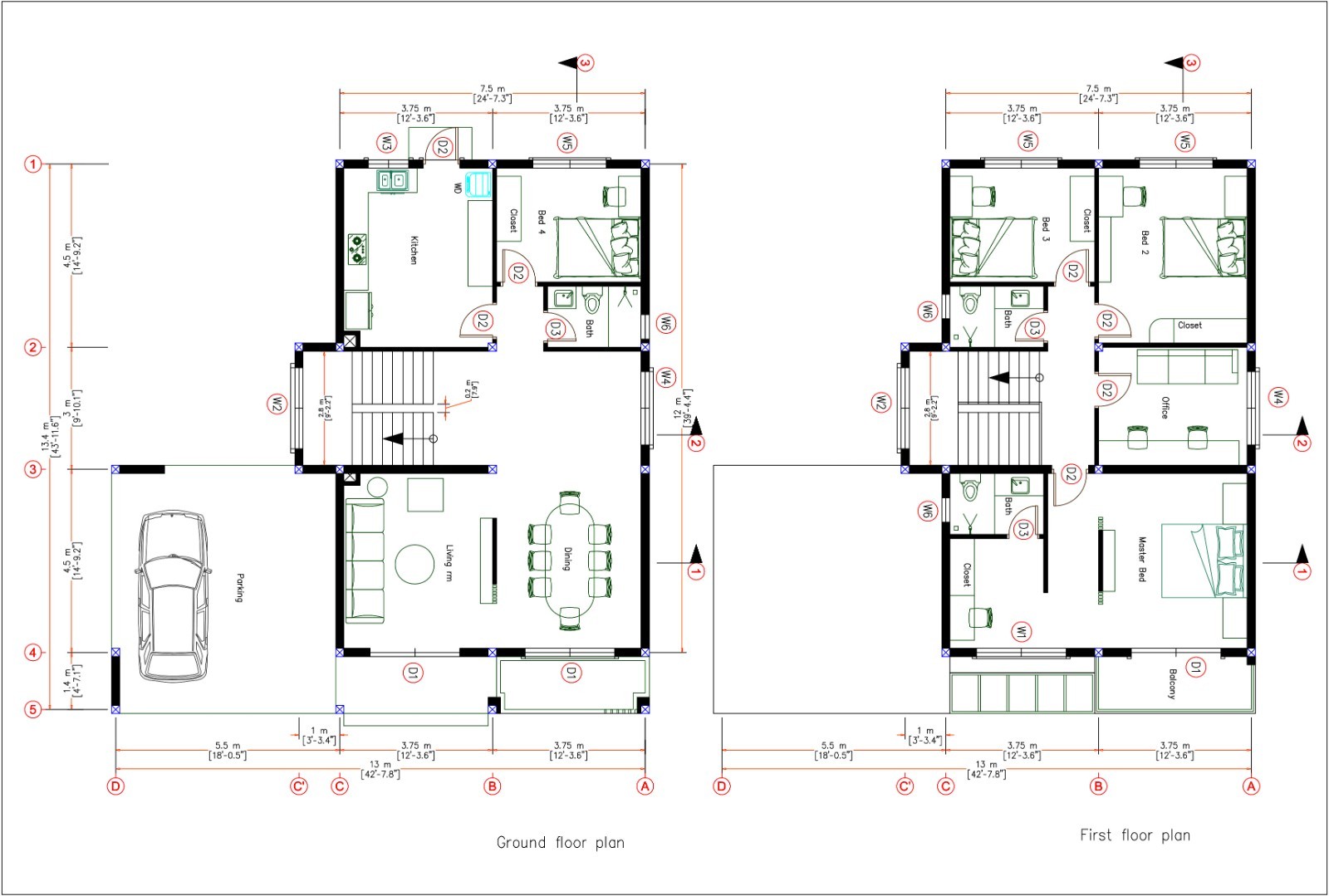 43x40 Feet House Plan 13x13.4 Meter 4 Beds 3 Bath CAD, PDF Files & A4 ...