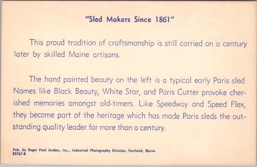 Vintage 1960s PARIS SNOW SLEDS Advertising Postcard "Sled Makers Since ...