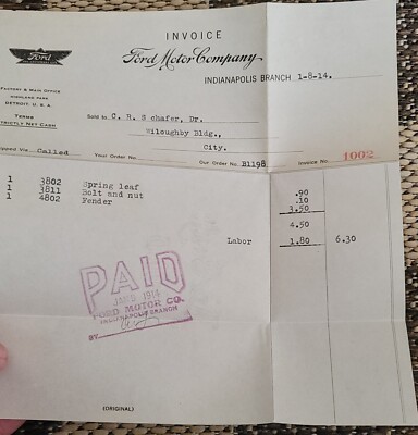 Ford Motor Company Invoice 1914 Indianapolis Repair On Model T | eBay