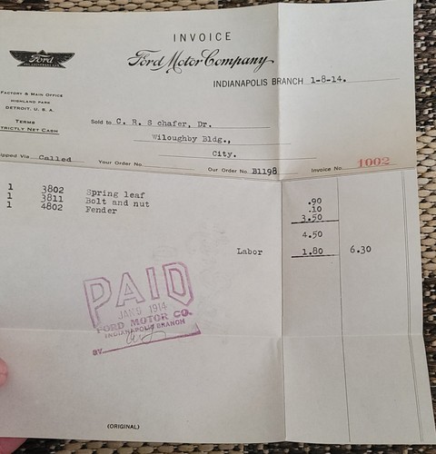 Ford Motor Company Invoice 1914 Indianapolis Repair On Model T | eBay