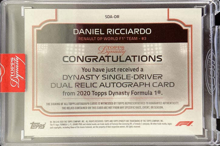 /10 Daniel Ricciardo #SDA-DR - Dual Relic Auto - 2020 Topps Dynasty F1 ...