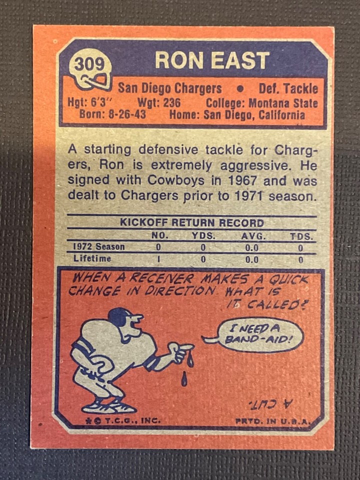 Ron East 1973 Topps Rookie Football Card #309 - San Diego Chargers RC ...