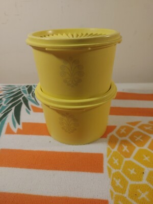 2x Vintage Stackable TUPPERWARE Yellow Canisters 1298-15 w/ Lid 810-24 ...