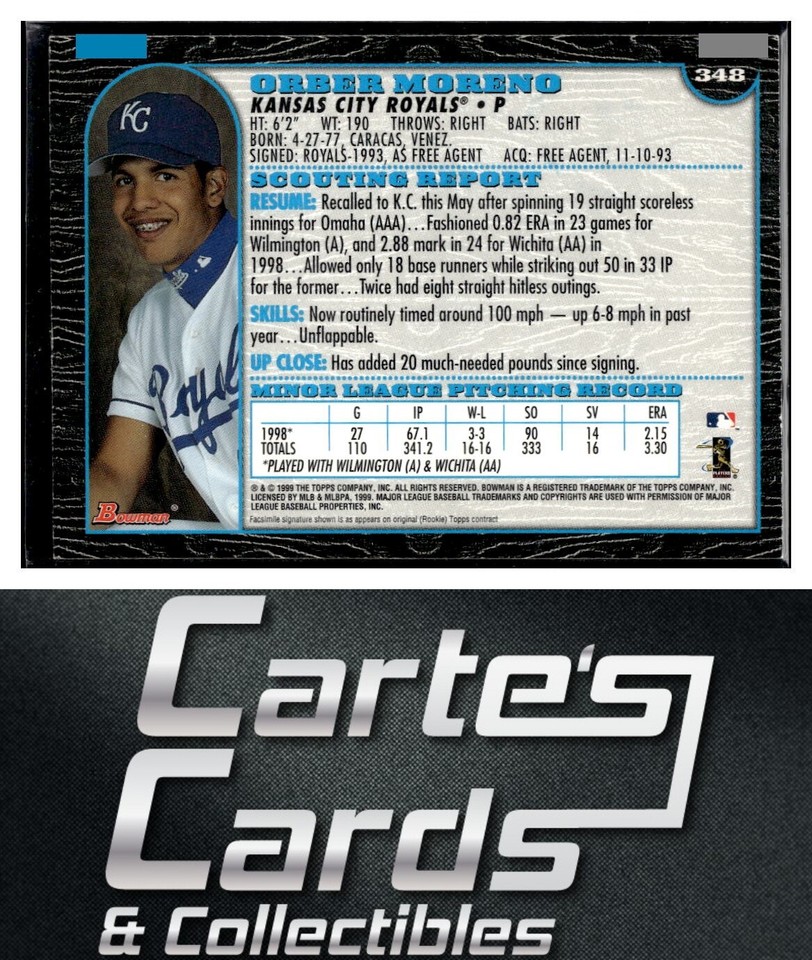 Orber Moreno 1999 Bowman #348 RC Kansas City Royals TTM/IP Signed ...