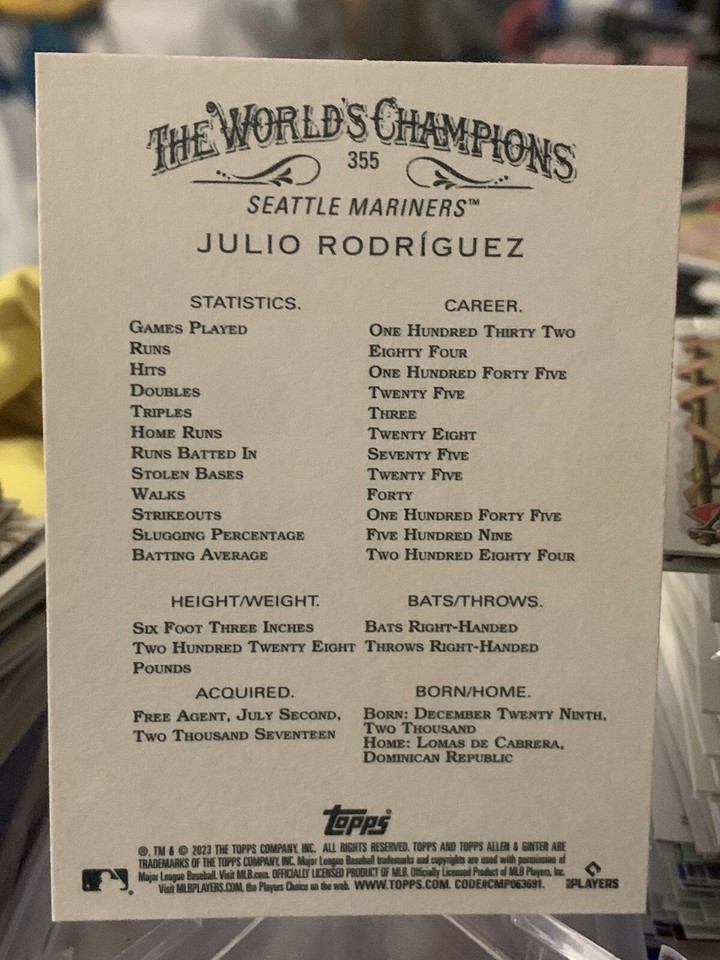 2023 Topps Allen & Ginter Julio Rodriguez Short Print SP #355 - Seattle ...