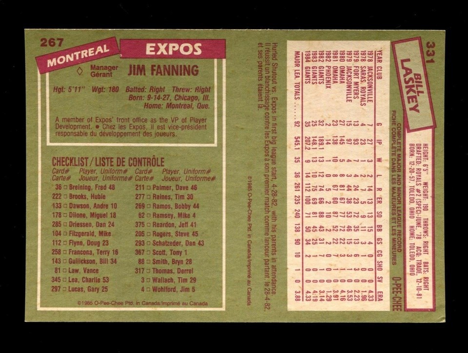 1985 BILL LASKEY JIM FANNING O-PEE-CHEE 2 CARD UNCUT PANEL | eBay