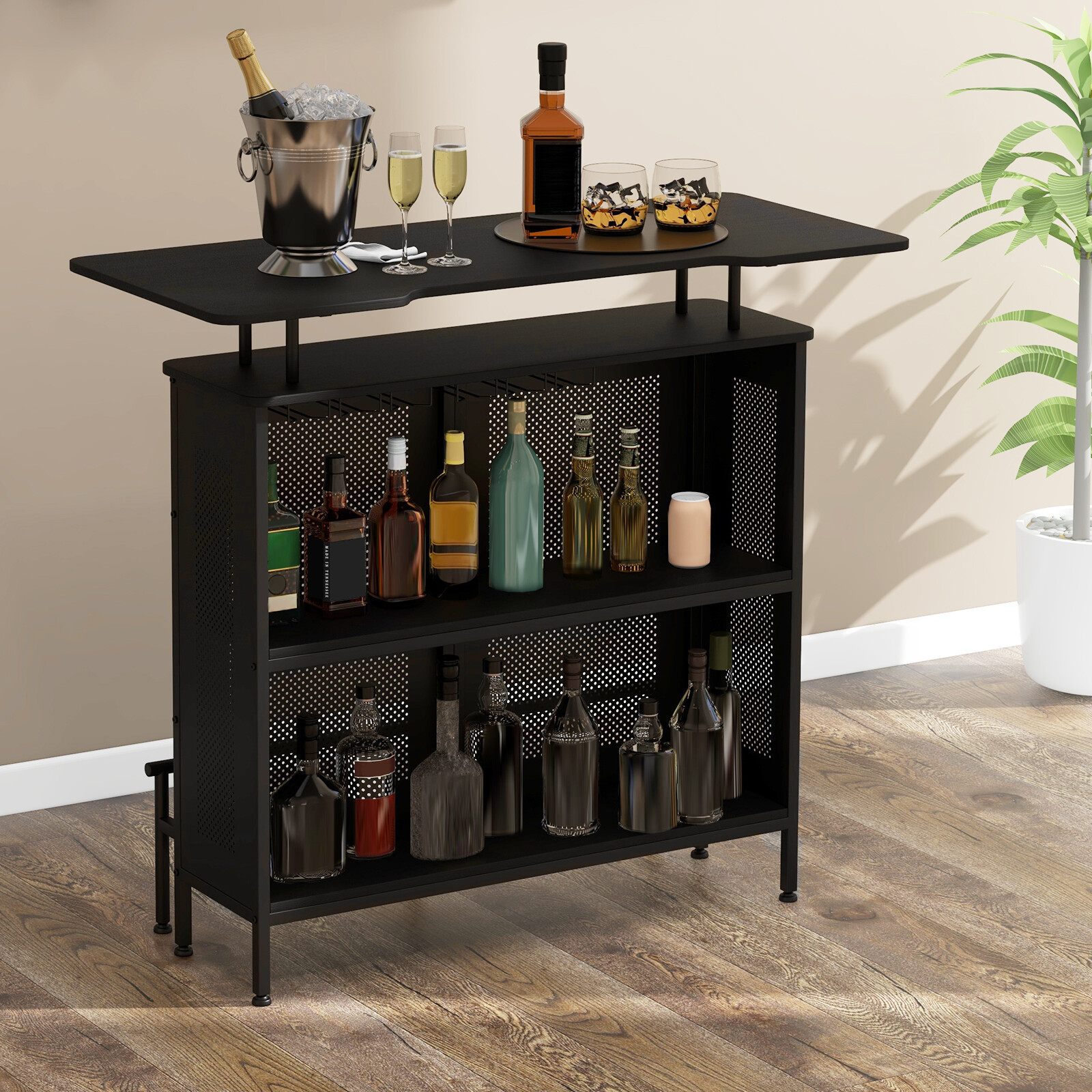 4-Tier Metal Home Bar Unit Liquor Bar Table w/Storage Shelves & 6 Glass ...
