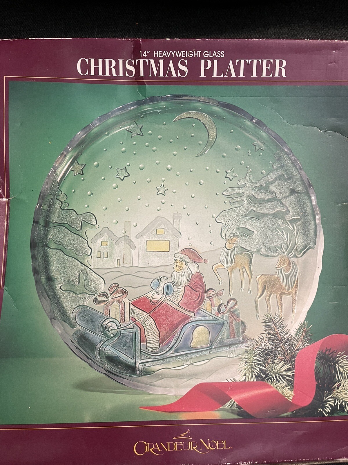 Grandeur Noel Glass Christmas Platter Santa Claus Reindeer Snow ...