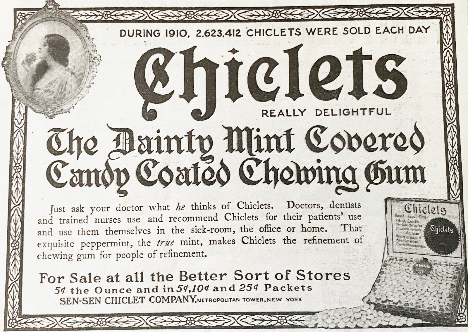 1911 CHICLETS Vtg Print Ad~Mint Covered Candy Chewing Gum Lady&Store ...