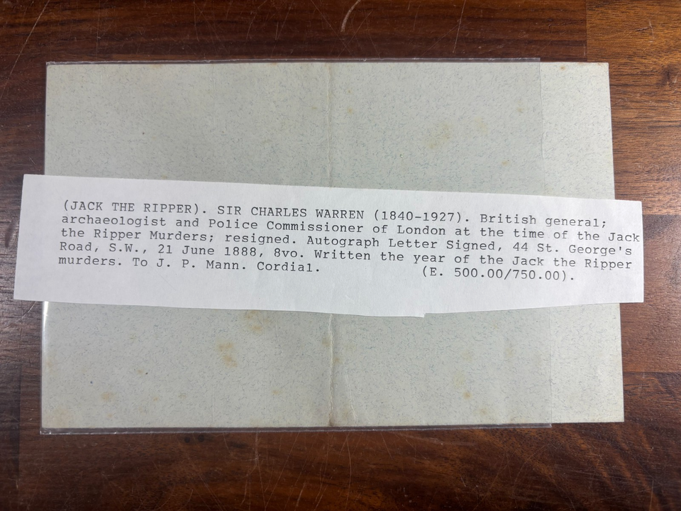 1888 Autograph Letter, Sir Charles Warren Met Commissioner - Jack The ...