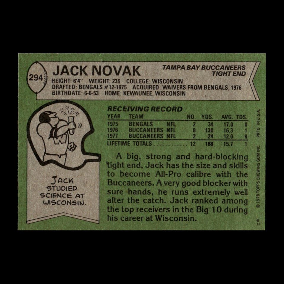 Jack Novak 1978 Topps Rookie Tampa Bay Buccaneers #294 R308J 2 | eBay