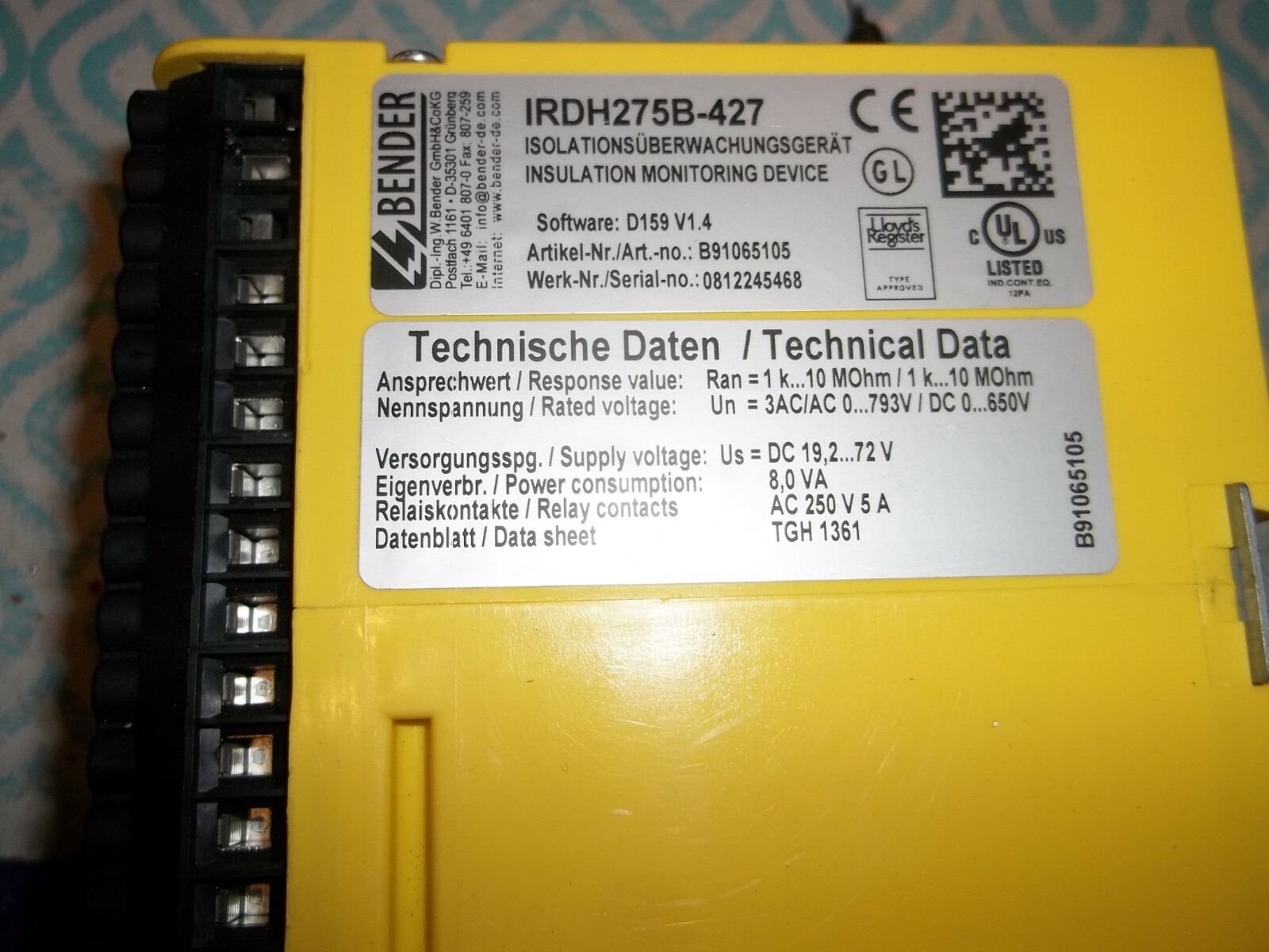 BENDER A-ISOMETER IRDH275 IRDH275B-427 D159 V1.4 ISULATION MONITOR(WL48 ...