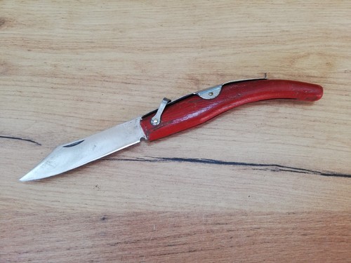 VTG RARE OKAPI TYPE WOODEN HANDLE FOLDING POCKET FISHING HUNTING KNIFE ...