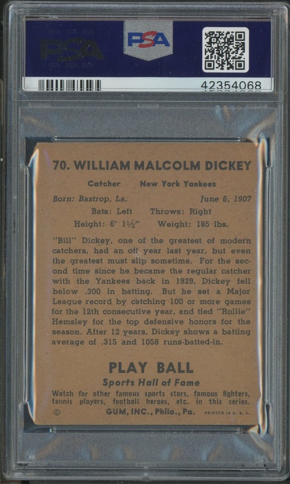 1941 Play Ball Playball #70 Bill Dickey New York Yankees HOF PSA 3 VG ...