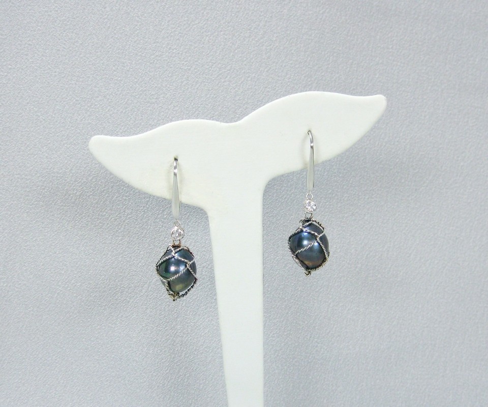 Sterling Silver 925 Black Pearl Silver Wrapped Drop Dangle Earrings ...