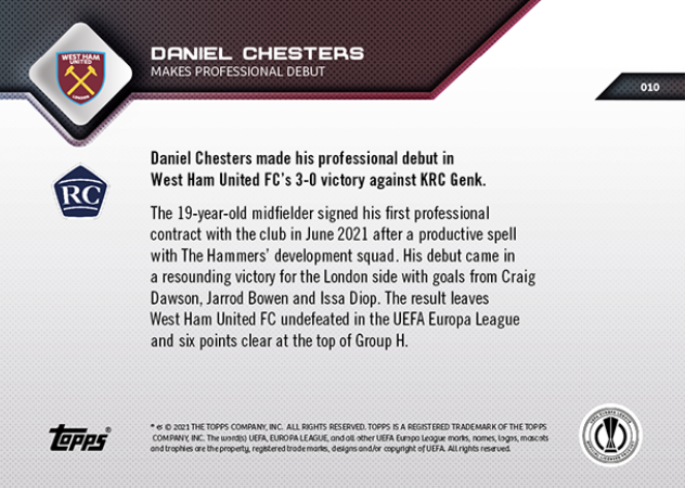 Topps Now Europa League 2021/22 #10 Daniel Chesters - West Ham United ...