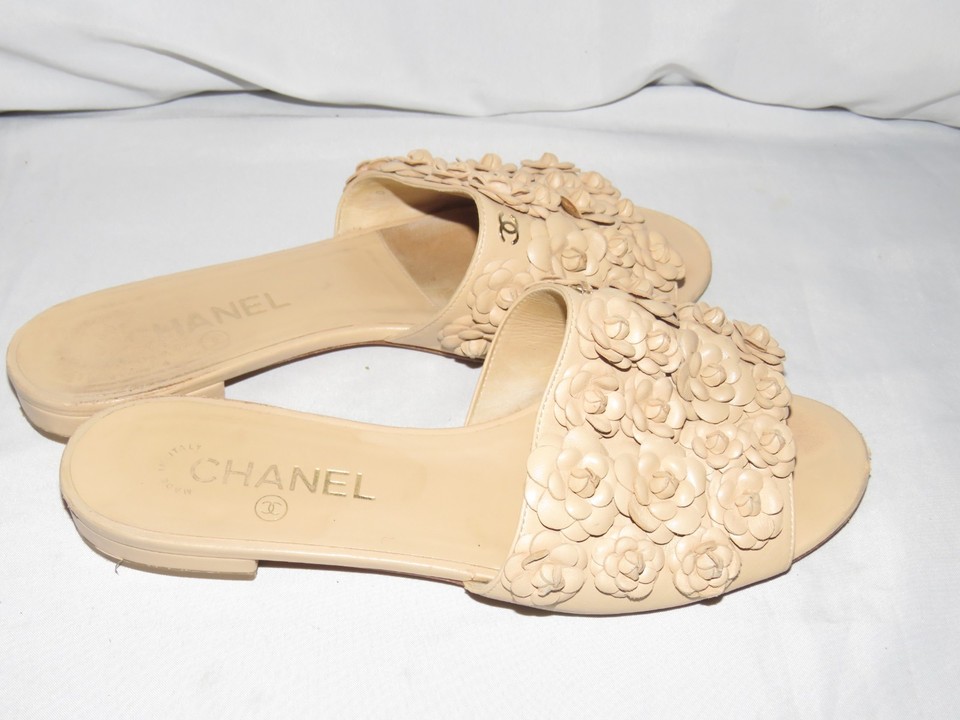 Chanel Tan Leather Rose Slide Sandals Size 38C | eBay