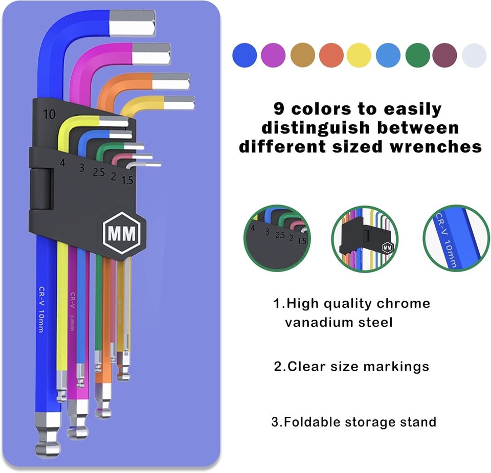 9 PCS Allen Key Set Metric Allen Wrenches Set Long Arm Ball End Hex Key ...