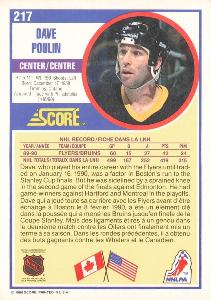 Dave Poulin 1990-91 Score American #217 Boston Bruins | eBay