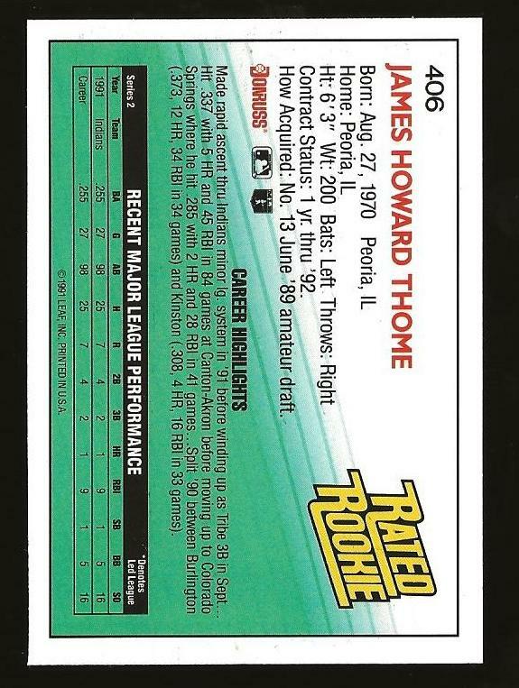 1992 Donruss JIM THOME Baseball Card #406 Rookie RC HOF Indians ...