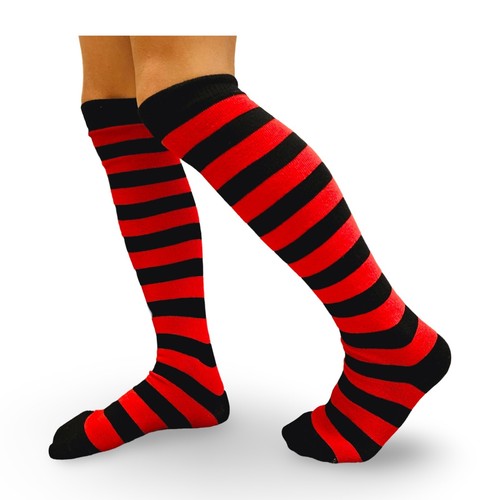 Girls Striped Knee Socks Dancing Fancy Dress Party Rainbow Red Black ...