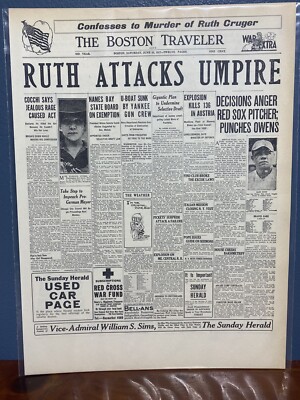 VINTAGE NEWSPAPER HEADLINE BABE RUTH ATTACKS PUNCHES UMPIRE IN JAW ...