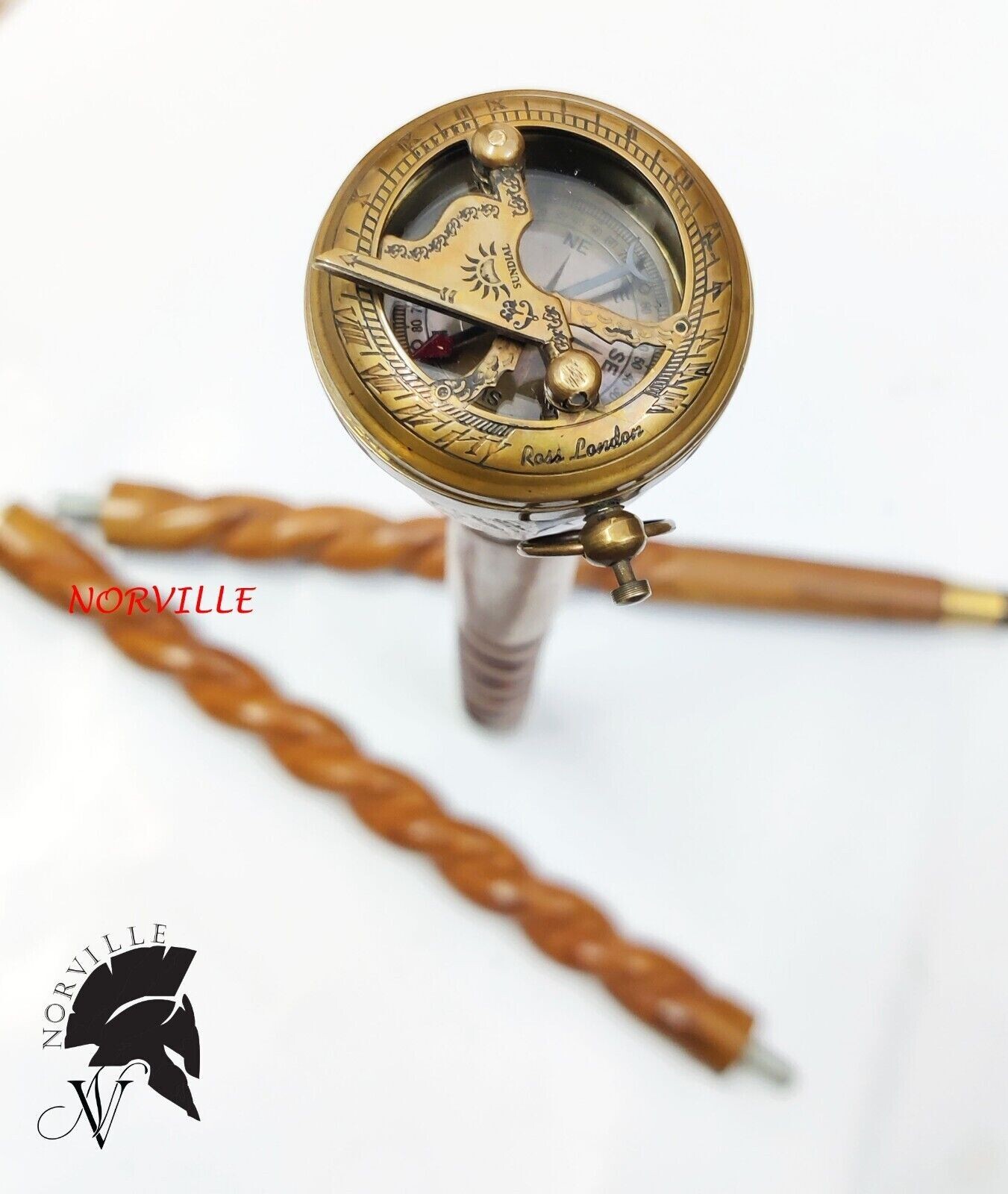 Antique Brass Designer Compass Head Handle Wooden Walking Stick Cane ...