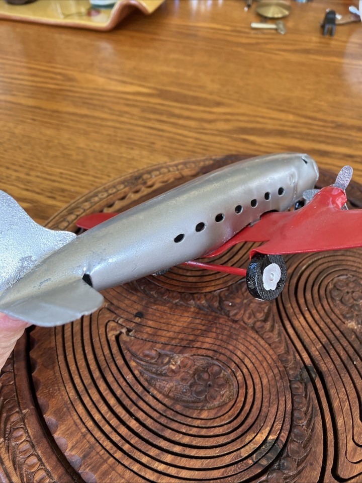 Vintage Marx Pressed Tin Toy Airplane- Red and Silver Military Aircraft ...