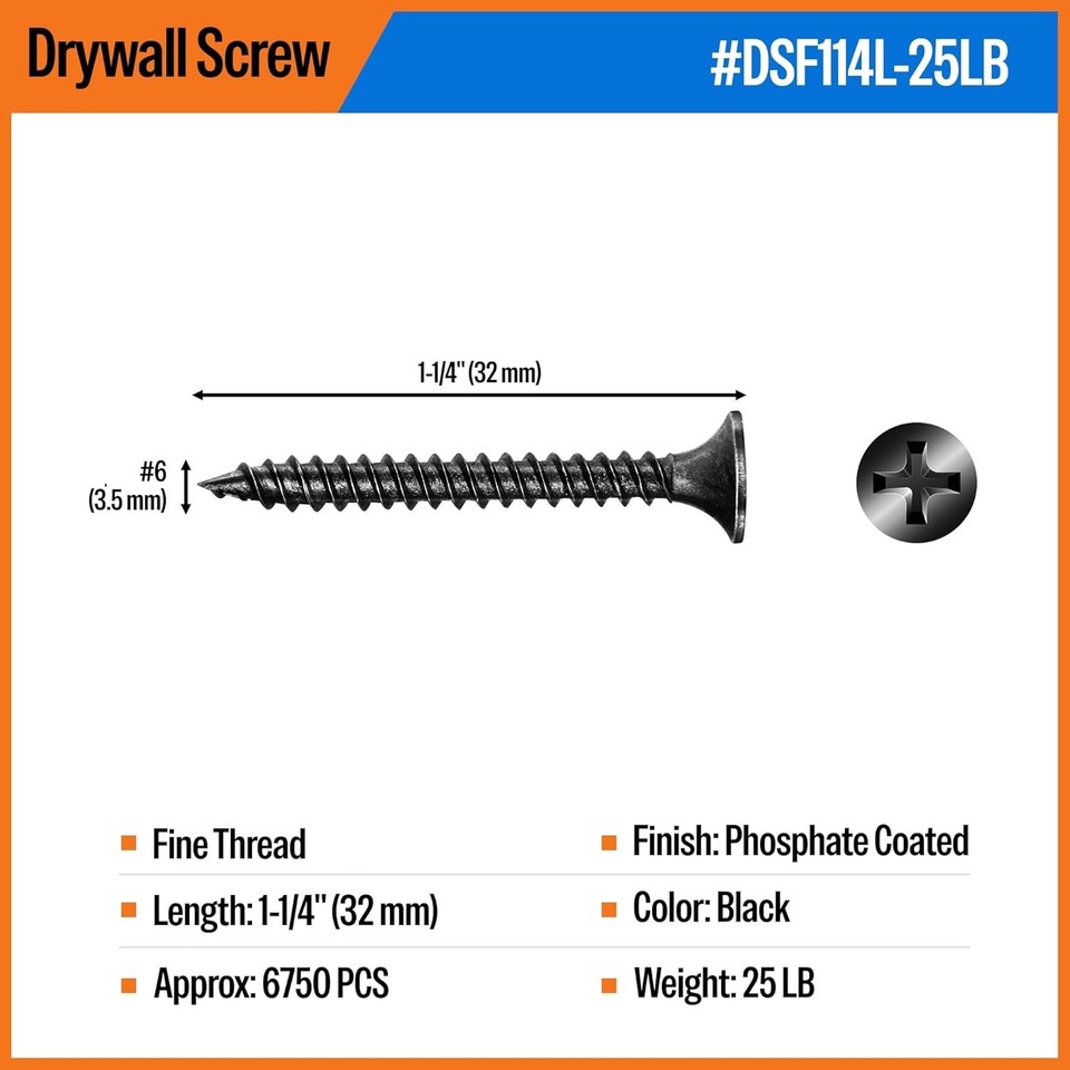 meite Drywall Screws, #6 x 1-1/4" Fine Thread Wood Screws Phosphate ...