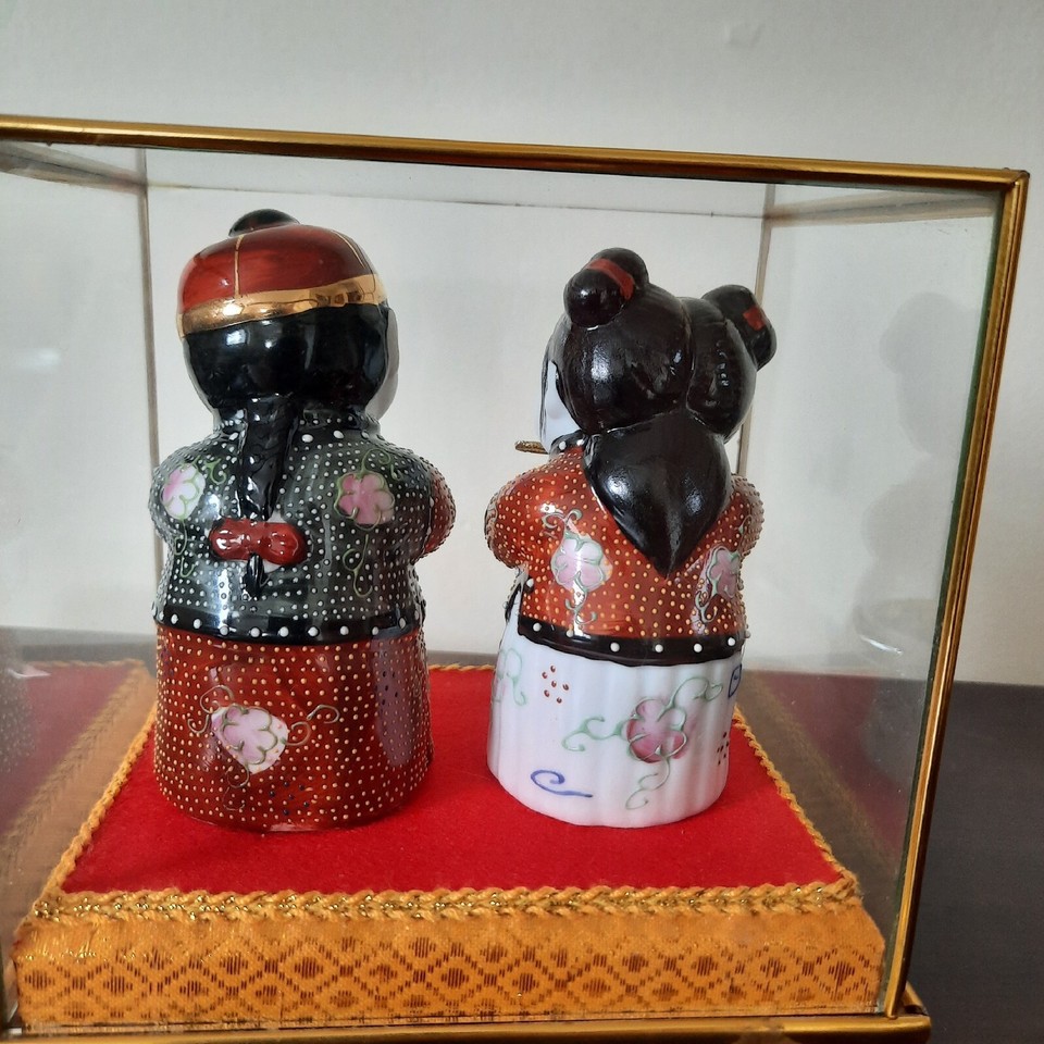 Vintage Chinese Lucky Golden Couple Jintong Boy Yunu Jade Girl in glass ...